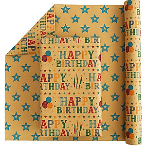 BOLIANNE Kraft Birthday Wrapping Paper Roll for Boys Girls Kids Men Women - Reversible Happy Birthday Gift Wrap Paper Roll for Holiday Party - 1 Gift Wrapping Paper Roll, 17.2 Inch X 33 Feet