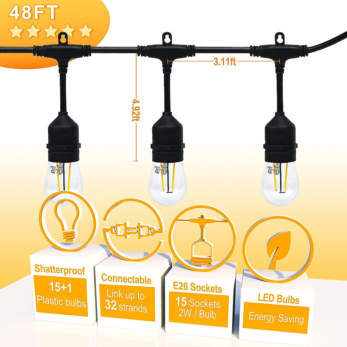 Anxbbo LED Outdoor String Lights, 48FT Patio Lights with 16 Edison Shatterproof Bulbs, UL Listed Heavy-Duty Commercial Grade Strand, Linkable Waterproof Hanging Lights for Outside Deck Backyard Garden