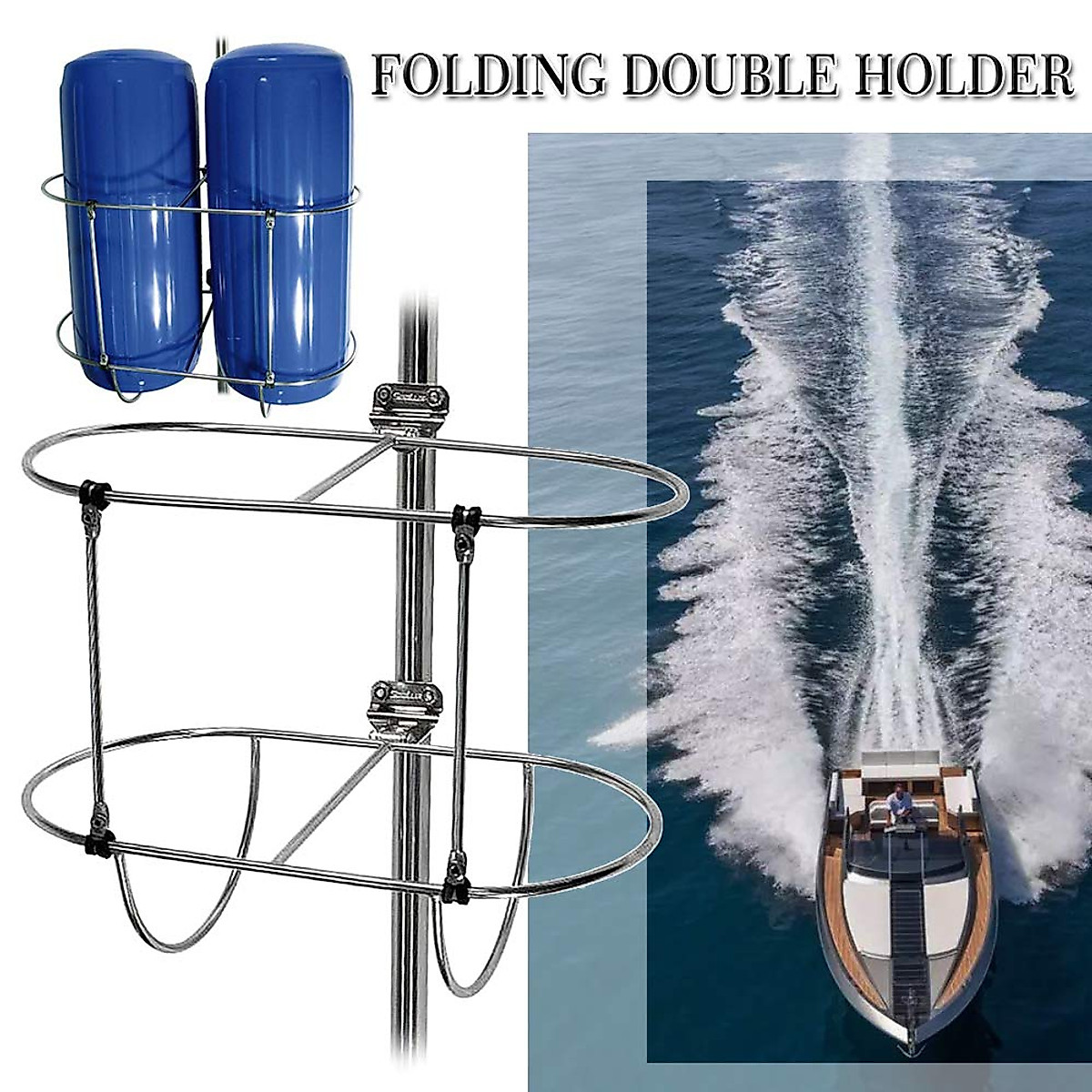 PROMOTOR Stainless-Steel Double Fender Holder Rack for Boat Fenders (L: Fit for 11'' Diameter Boat Fender)