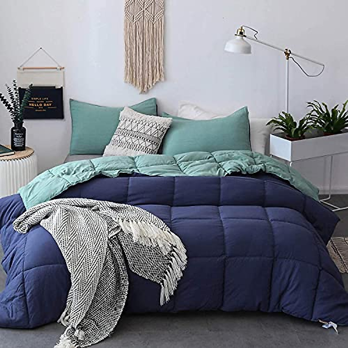KASENTEX All Season Down Alternative Quilted Comforter Set Reversible Ultra Soft Duvet Insert Hypoallergenic Machine Washable, King, Turquoise Sea Green/Twilight Blue