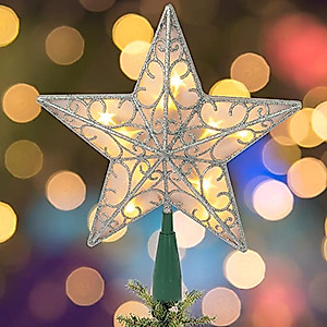 Funpeny 11 Inch Glitter Silver Star Tree Topper, Lighted Christmas Treetop with 10 Lights Christmas Decorations for Christmas Xmas Tree Home Bar Shop Office (Silver)