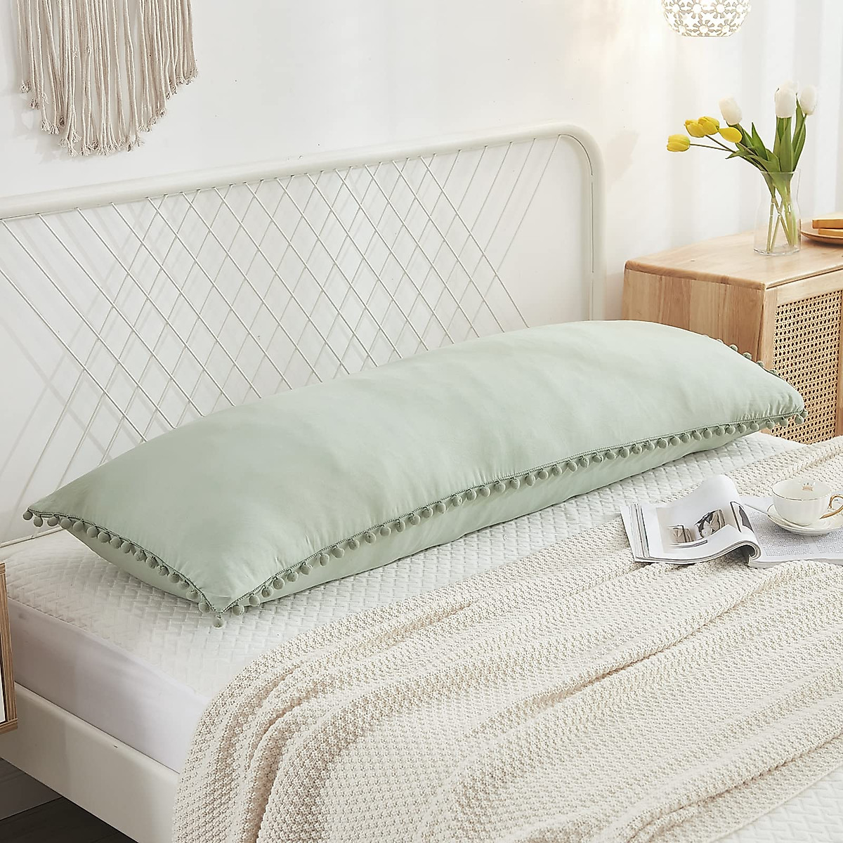 MOVE OVER Sage Green Body Pillow Cover 20x54 Inches Cute Pom Poms Decorated Body Pillow Cover Soft Washed Microfiber Boho Body Pillow Cover with Pocket Closure, Pack of 1