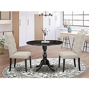East West Furniture DMEL3-ABK-35 3 Piece Dinette Set for Small Spaces Contains a Round Dining Table with Dropleaf and 2 Doeskin Linen Fabric Parsons Dining Chairs, 42x42 Inch, Wirebrushed Black