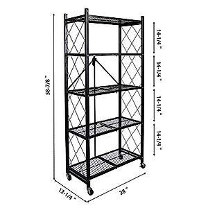 Azure Sky 5-Tier Foldable Storage Rack with Wheels, Folding Metal Shelves Unit Organizer, Heavy-Duty Metal Black Wire Folding Storage Rack No Assembly, for Garage Kitchen Pantry Bedroom