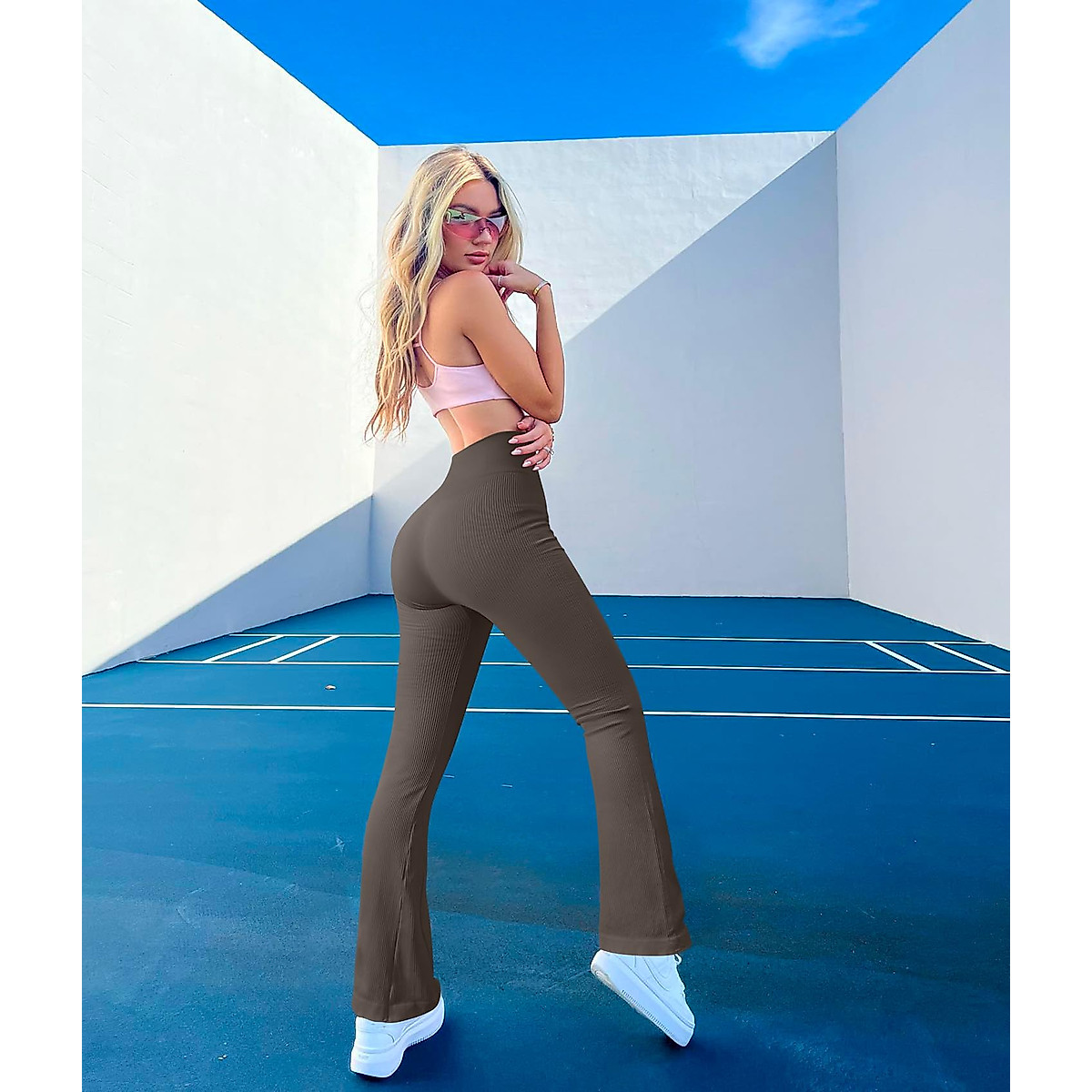 OQQ Women's 2 Piece Yoga Pants Ribbed Seamless Workout High Waist Bell Bottoms Flare Leggings Black Tea Leaf