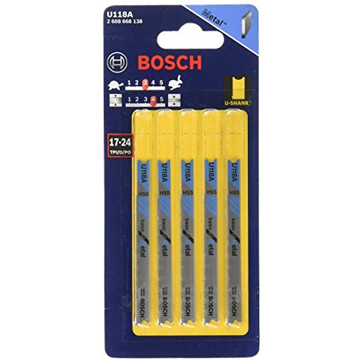 BOSCH U118A 5-Piece 3-1/8 In. 17-24P TPI Basic for Metal U-shank Jig Saw Blades , Blue