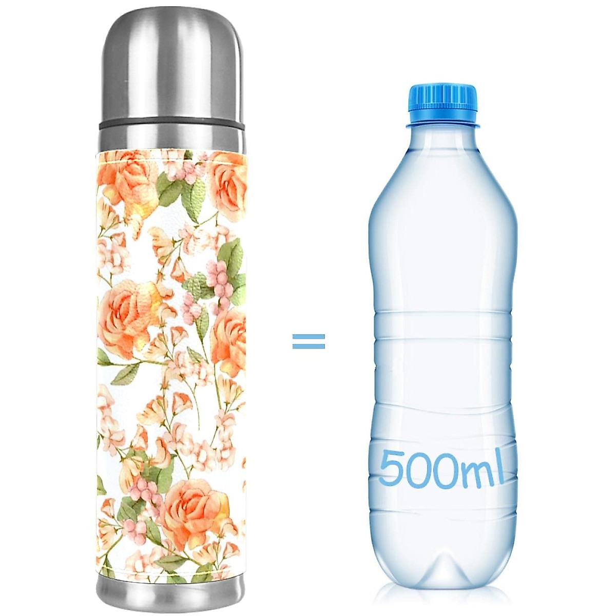 Stainless Steel Leather Vacuum Insulated Mug Flower Thermos Water Bottle for Hot and Cold Drinks Kids Adults 16 Oz