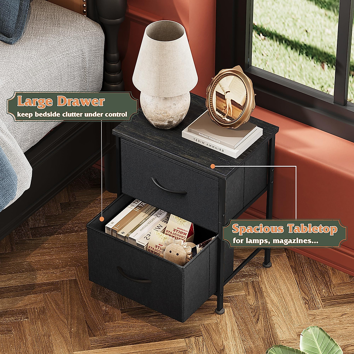 WLIVE Black Nightstand, Small Dresser for Bedroom with 2 Fabric Drawer, Bed Side Table with Drawers, End Table Bedside Furniture, Sturdy Steel Frame, Wood Top, Closet Organizer, College Dorm