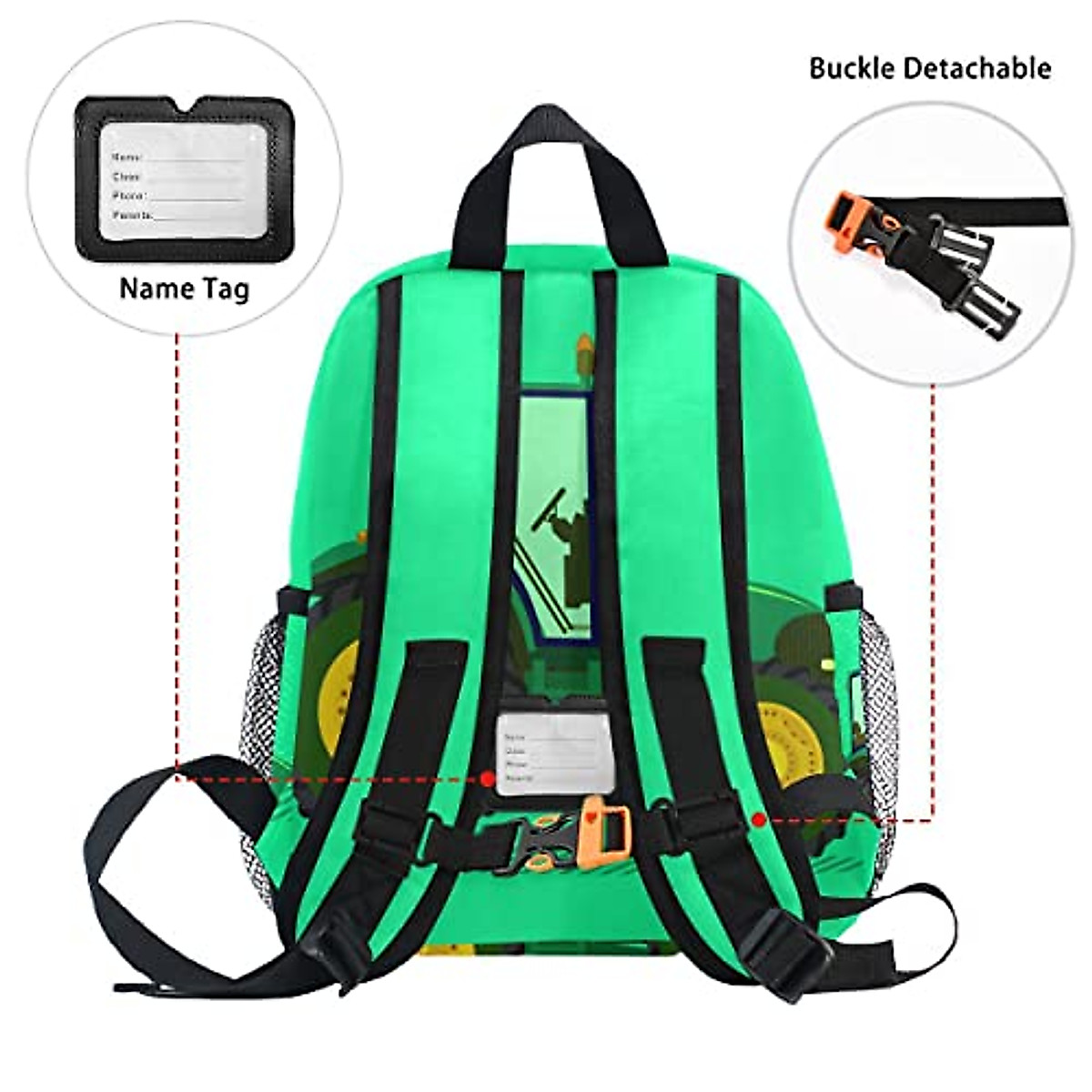 Fisyme Toddler Backpack Tractor Green School Bag Kids Backpacks for Kindergarten Preschool Nursery Girls Boys, M