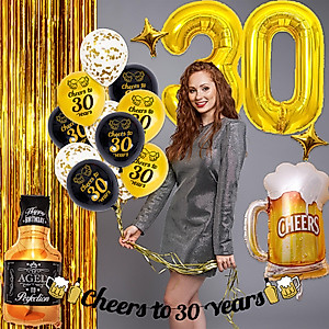 30th Birthday Decorations for Him,Black and Gold 30th Birthday Decorations with Banner Number 30 Balloons Curtains and Balloons