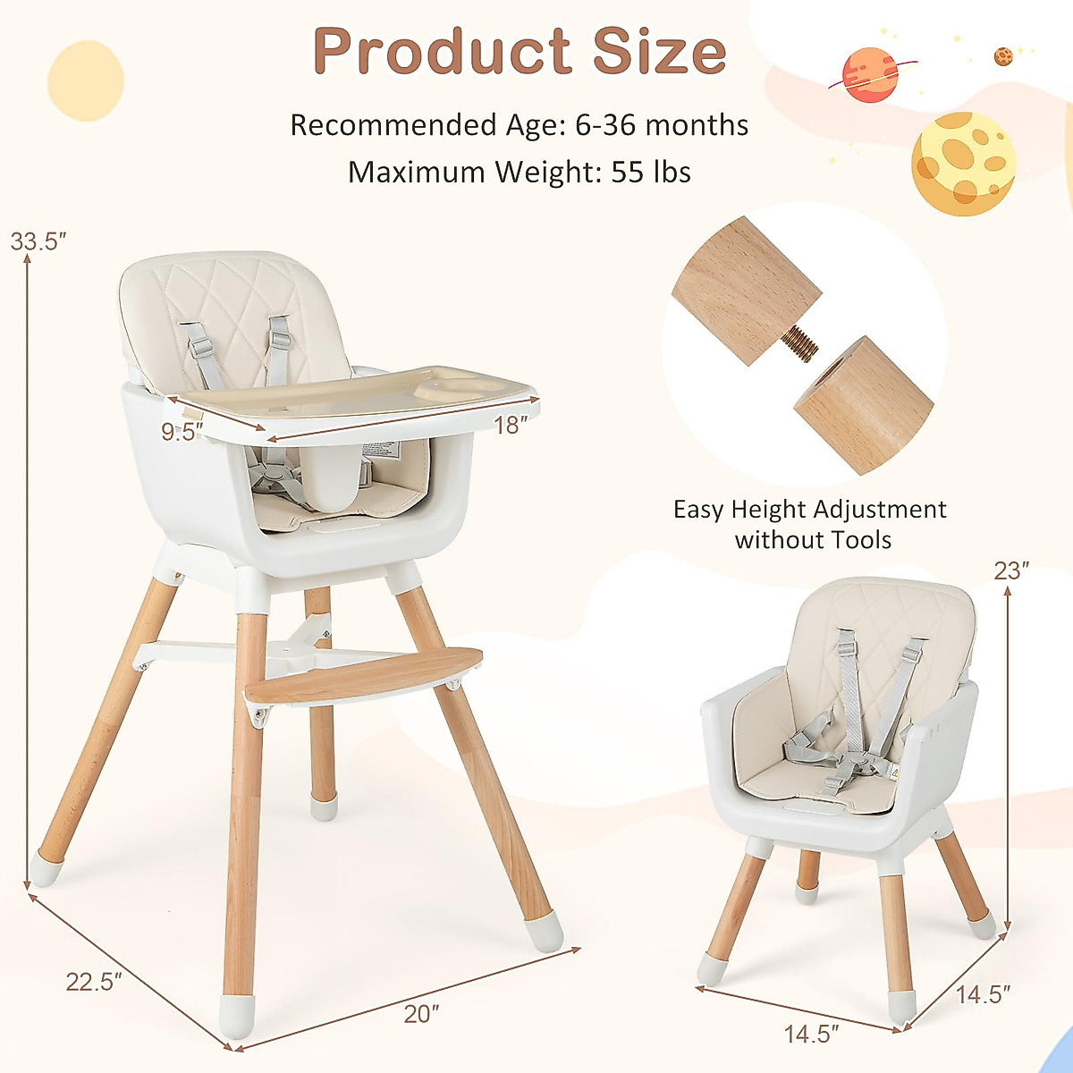 BABY JOY Baby High Chair, 6 in 1 Convertible Wooden High Chair for Babies & Toddlers with Adjustable Legs, Double Removable Tray, Safety Harness & Waterproof PU Cushion (Beige)