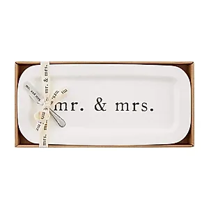 Mud Pie Mrs. Hostess Platter Set, tray 7 1/2" x 16" | spreader 5 1/2", White