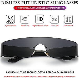 AIEYEZO Modern Fashion Rimless Futuristic Wrap Around Sunglasses Women Men Cyberpunk Visor Sun Glasses Trendy Future Shades (Black/Grey)