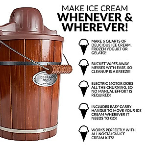 Nostalgia Electric Bucket Ice Cream Maker With Easy-Carry Handle, Makes 6-Quarts in Minutes, Frozen Yogurt, Gelato, Made From Real Wood