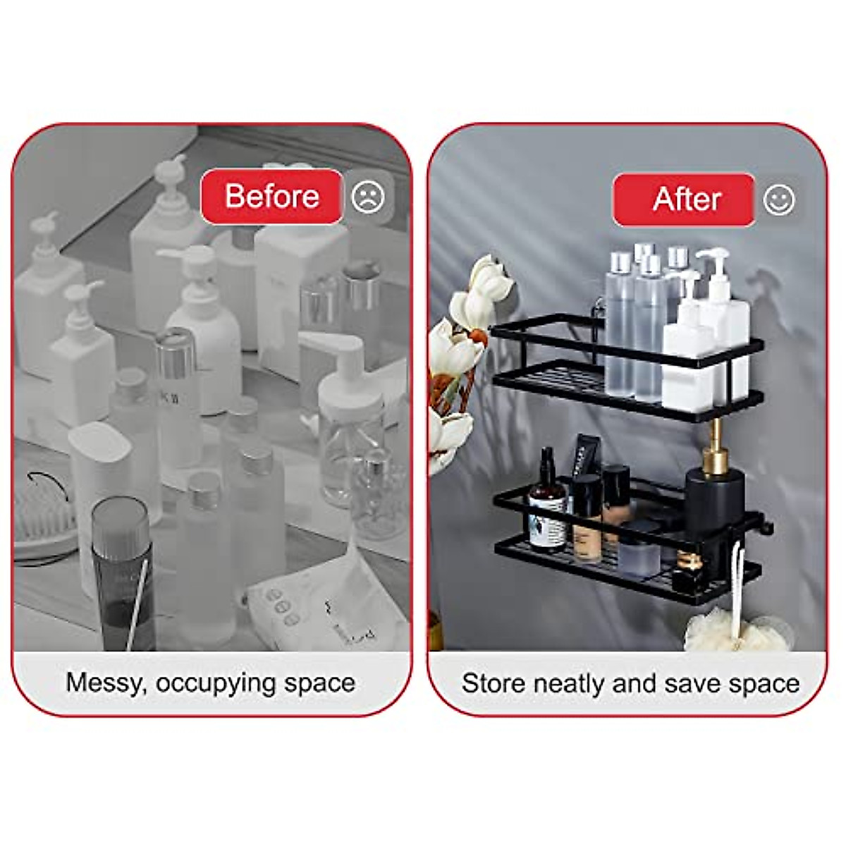 Shower Caddy,Bathroom Organizer,Shower Organizer (2 Pack),Adhesive Shower Organizer No Drilling,Self Adhesive Bathroom Shelves Basket,Corner Shower Shelf with 6 Hooks,bathroom storage