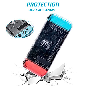 FANPL Glitter Clear Case for Nintendo Switch, Hard Shell Dockable Protective Case Cover for Switch and Joy Con Controller with 2 Bling Thumb Grips (Transparent)