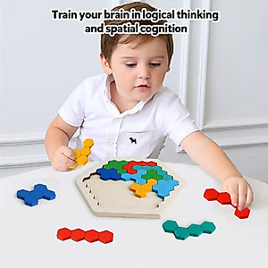 Skrtuan Wooden Blocks Puzzle for Kid Adults Brain Teaser Hexagon Puzzles Games Toy Shape Pattern Block Tangram Geometry Logic IQ STEM Montessori Educational Gift for All Ages Boys Girls Challenge