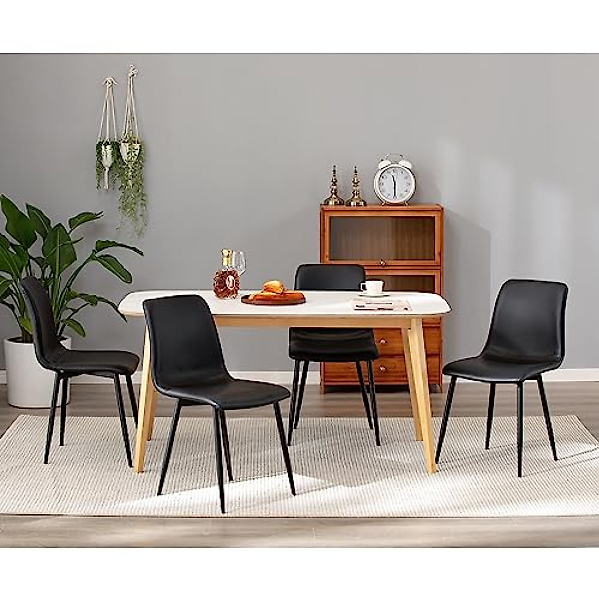 HeuGah Dining Chairs Set of 4, Black Modern Kitchen & Dining Room Chairs with Metal Legs, Industrial Faux Leather Kitchen Chairs