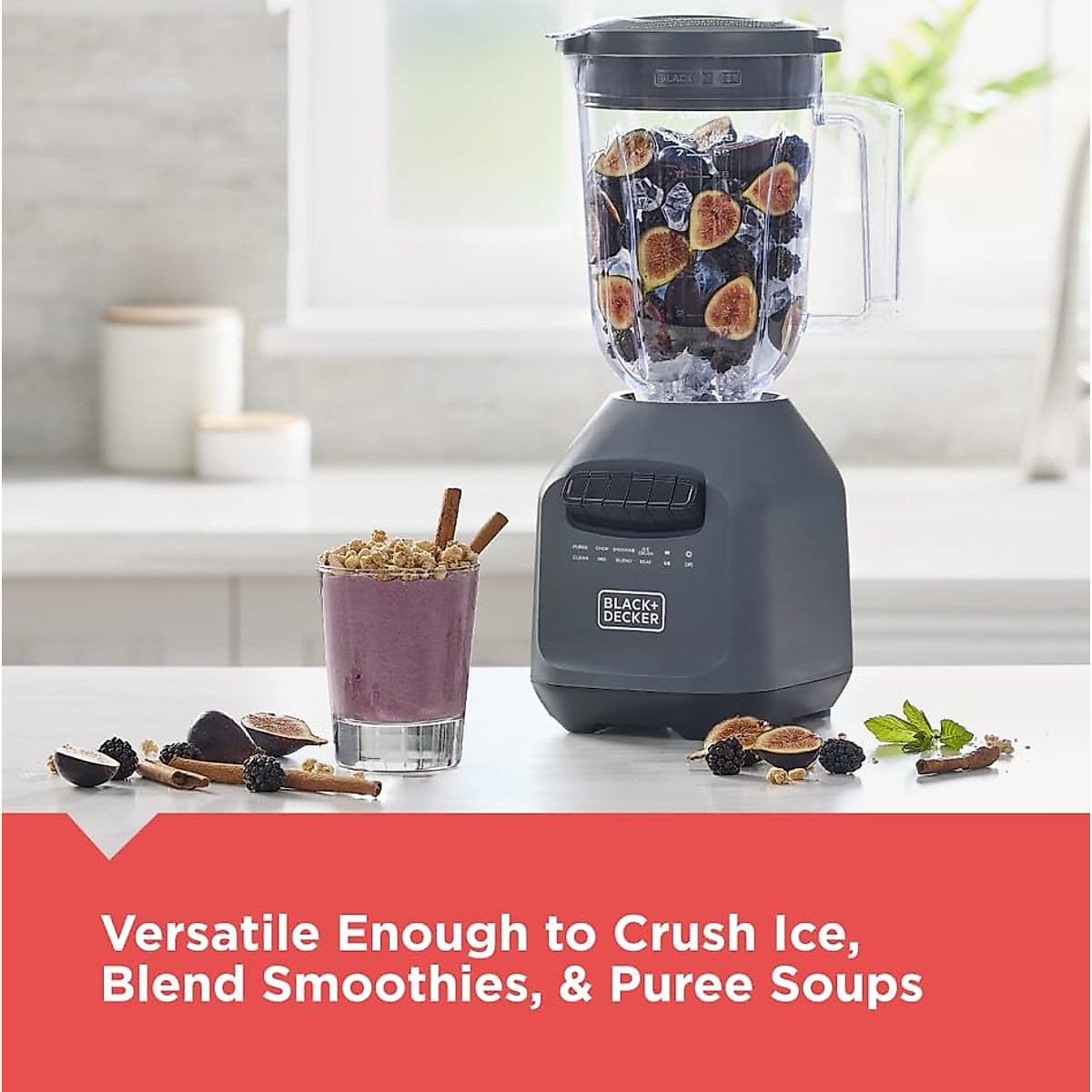 Black & Decker Ice Crush Blender with 56 Ounce (7 Cup) PerfectPour Plastic Jar, Powerful 6-tip Stainless Steel Blade, 8-speeds plus Pulse, 750 Peak Watts of power