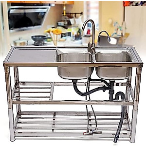 Commercial Kitchen Sink 304 Stainless Steel Sink w/Compartment Free Standing Utility Sink Size 120x45x80cm 47.2x17.7x31.5in for Restaurant, Kitchen (2 bowls)