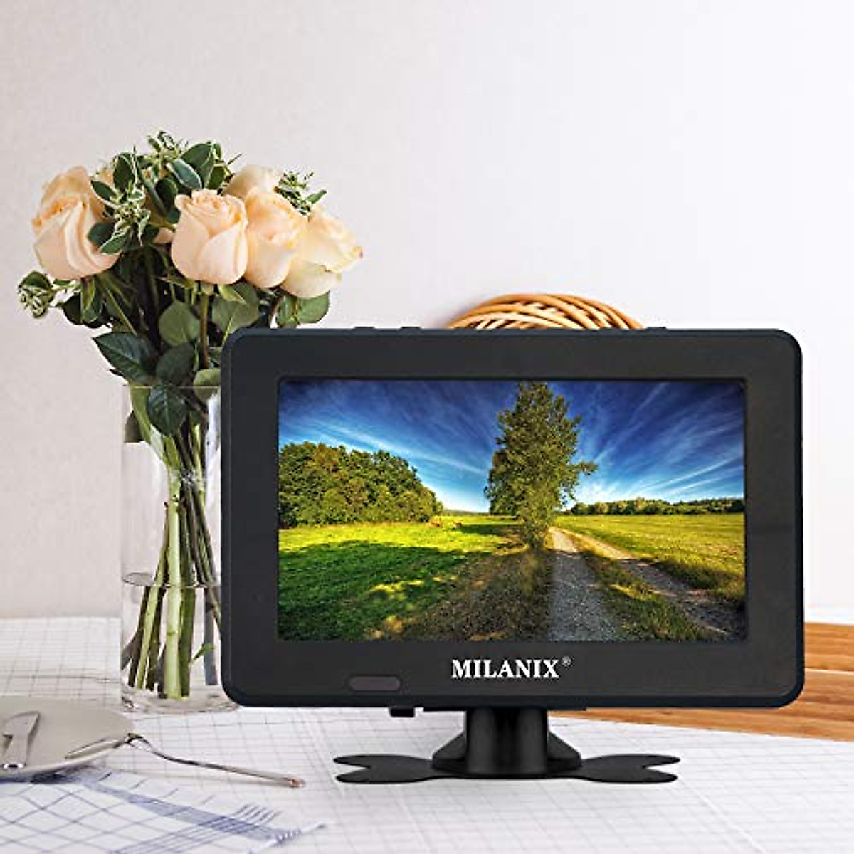 Milanix 7” Rechargeable Small Portable TV with LCD Widescreen Display, 2-Way Stand, Digital Tuner, and High-Power Antenna for Home, Camping, Car Travel, and RV, USB and SD Card Slot, FM Radio, AV Input