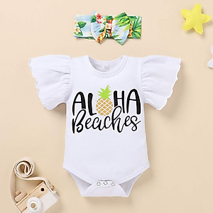 IMEKIS Aloha Beaches Pineapple Outfit Baby Girl Ruffle Sleeve Romper Shorts Pants Headband Hawaii Summer Themed fruits 1st Birthday Coming Home Clothes Newborn Hawaiian Themed Baby Shower 6-9 Months