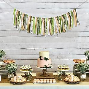 Greenery Ivory Gold Ribbon Garland - Fabric Tassel Banner for Gender Neutral Baby Shower, Woodland First Birthday Decorations, Wedding Backdrop, Bridal Shower Decorations, Photo Booth Backdrop