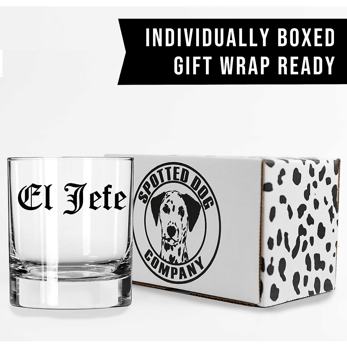 Spotted Dog Company Printed 11oz Whiskey Glass - El Jefe - The Boss - Old Tyme, National Boss Day Gifts Best Boss Ever Funny