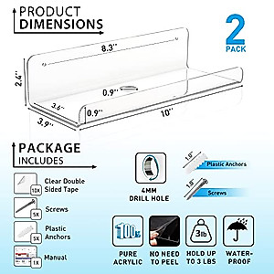 OAPRIRE Clear Acrylic Wall Shelf Set of 2, 10" Floating Book Shelves for Wall, Display Floating Wall Shelves for Bathroom, Bedroom, Kitchen