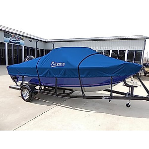 Kayme 600D Heavy Duty Boat Cover, Waterproof and Tear Resistant Boat Canvas, Tarps with Windproof Straps. Fit for V-Hull, Tri-Hull, Bass Boat, Fish & Ski Boat, Length 17'-19', Width up to 96".