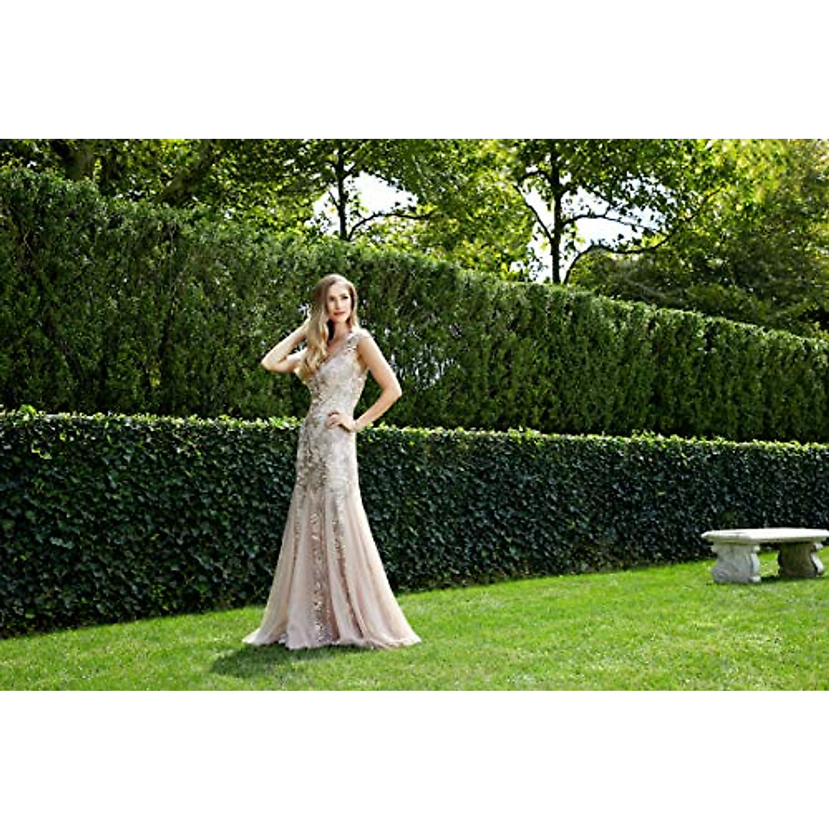 Alex Evenings Women's Long V Neck Fit and Flare Dress with Shawl (Petite Regular), Rose Gold, 8P