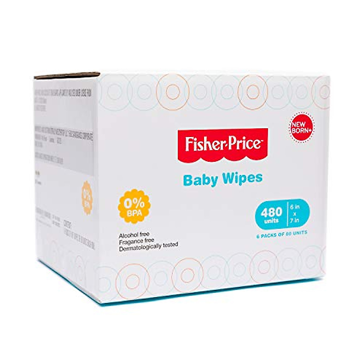 Fisher Price Baby Wipes Unscented, Hypoallergenic, Water Baby Diaper Wipes for Newborn and Sensitive Skin - Resealable Top - 80 Count (Pack of 6) - 480 wipes