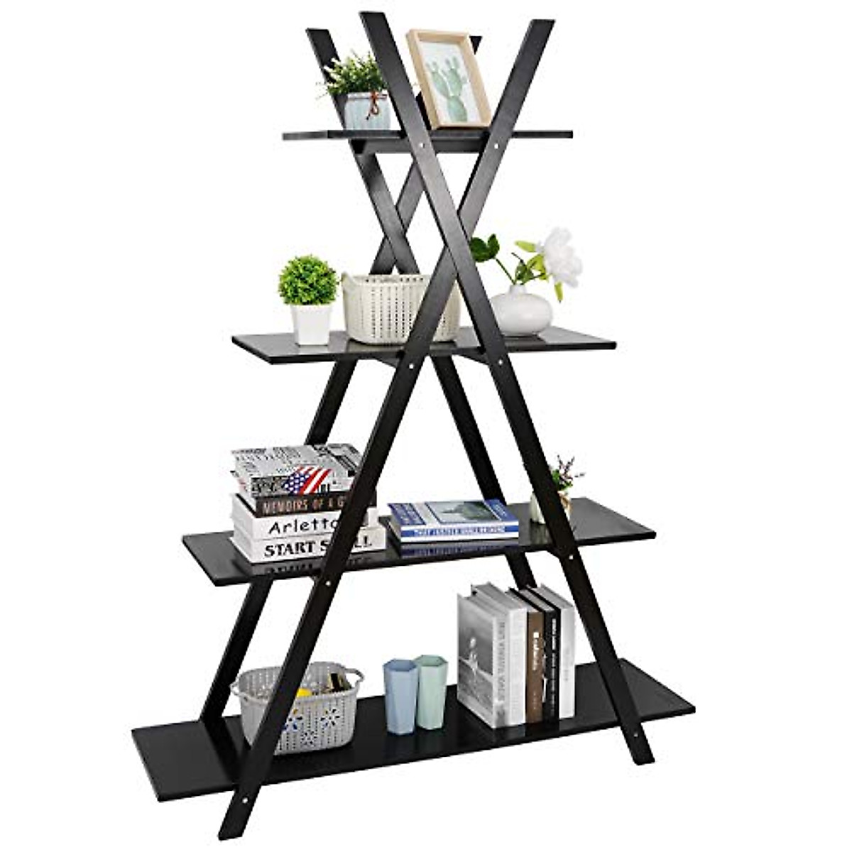 Nouva 4 Tier Ladder Bookshelf Storage Shelves, A Frame Wooden Ladder Open Display Shelves Floor Shlef Storage Furniture for Home Office Living Room Black