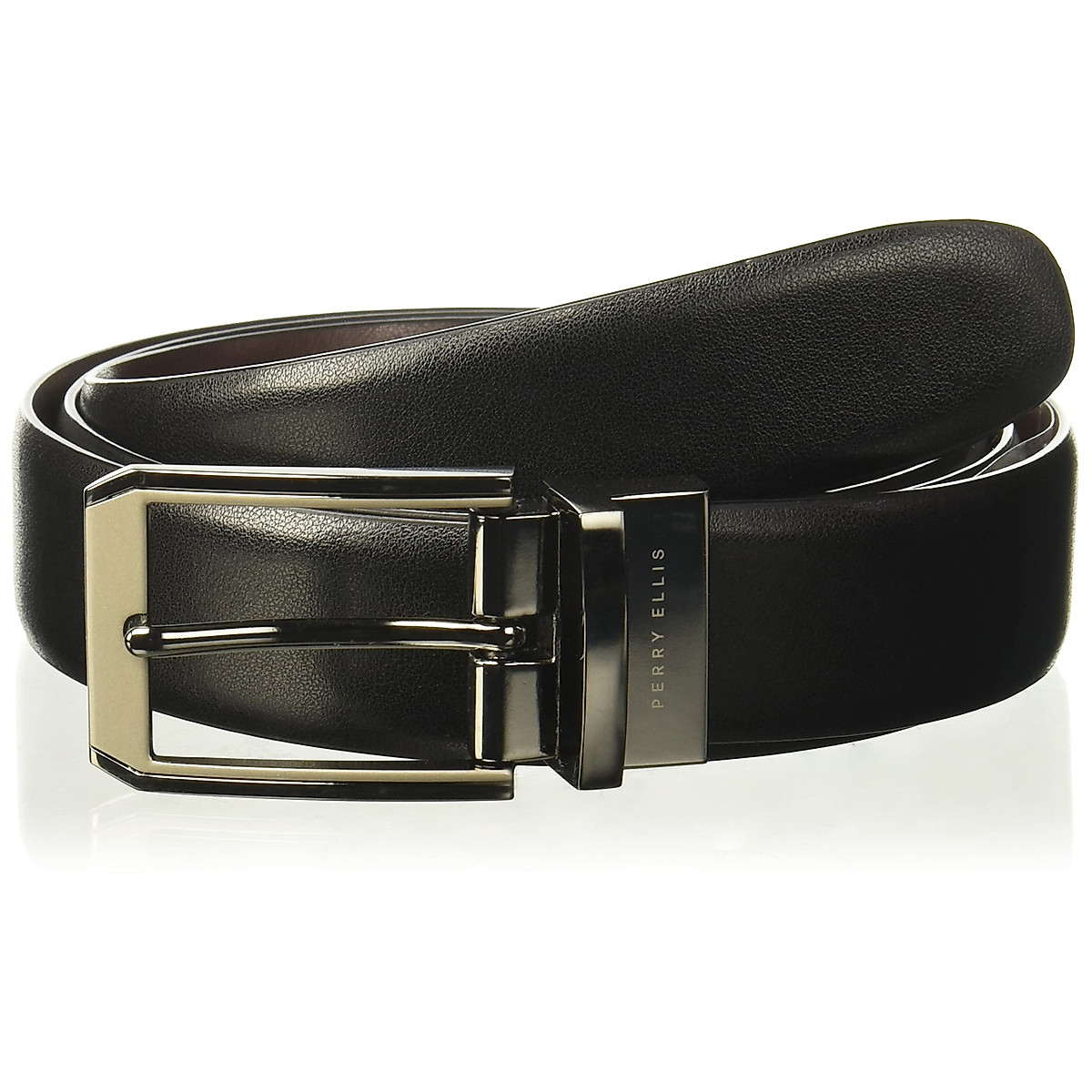Perry Ellis Men's Portfolio 2-Tone Reversible Belt With Genuine Leather, Matte, Shine Buckle (Sizes 30-42 Inches), Blk20, 36