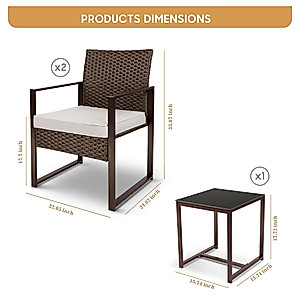 YIYAN Patio Furniture Set 3 Pieces Outdoor Rattan Chair Wicker Sofa Garden Conversation Bistro Sets with Coffee Table,Comfortable Washable Cushions (White)