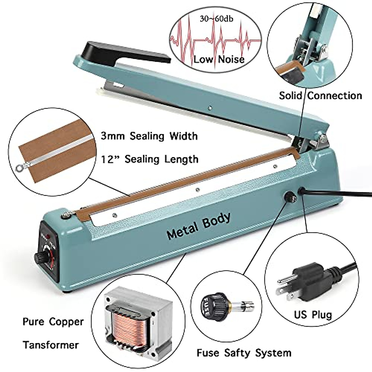 12 inch Impulse Heat Sealer Packing Bags Closer Sealing Machine Copper Transformer Manual for Food Storage Plastic Mylar Shrink Wrap Bags with Extra Fuse Replace Elements