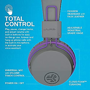 JLab Audio JBuddies Studio Bluetooth On-Ear Kids Headphones | 13 Hour Battery Life | Studio Volume Safe | Volume Limiter | Folding | Adjustable | Noise Isolation | with Mic | Gray/Purple