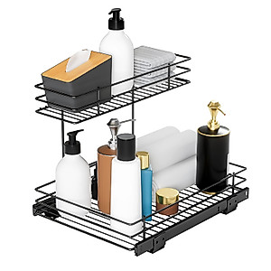 G-TING Pull Out Cabinet Organizer Black & Pull Out Cabinet Organizer Sliver, Under Sink Slide Out Storage Shelf with 2 Tier Sliding Wire Drawer - 12.6W x 16.53D x 12.99H