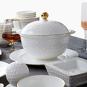 Plate and Bowl SetKitchen Tableware Set,Ceramics Dinner Sets, 60 Pieces Handmade Gold Bone China Dinnerware Set | Cereals Bowl & Dish & Soup Pot for Family Gathering - Porcelain Combination Set