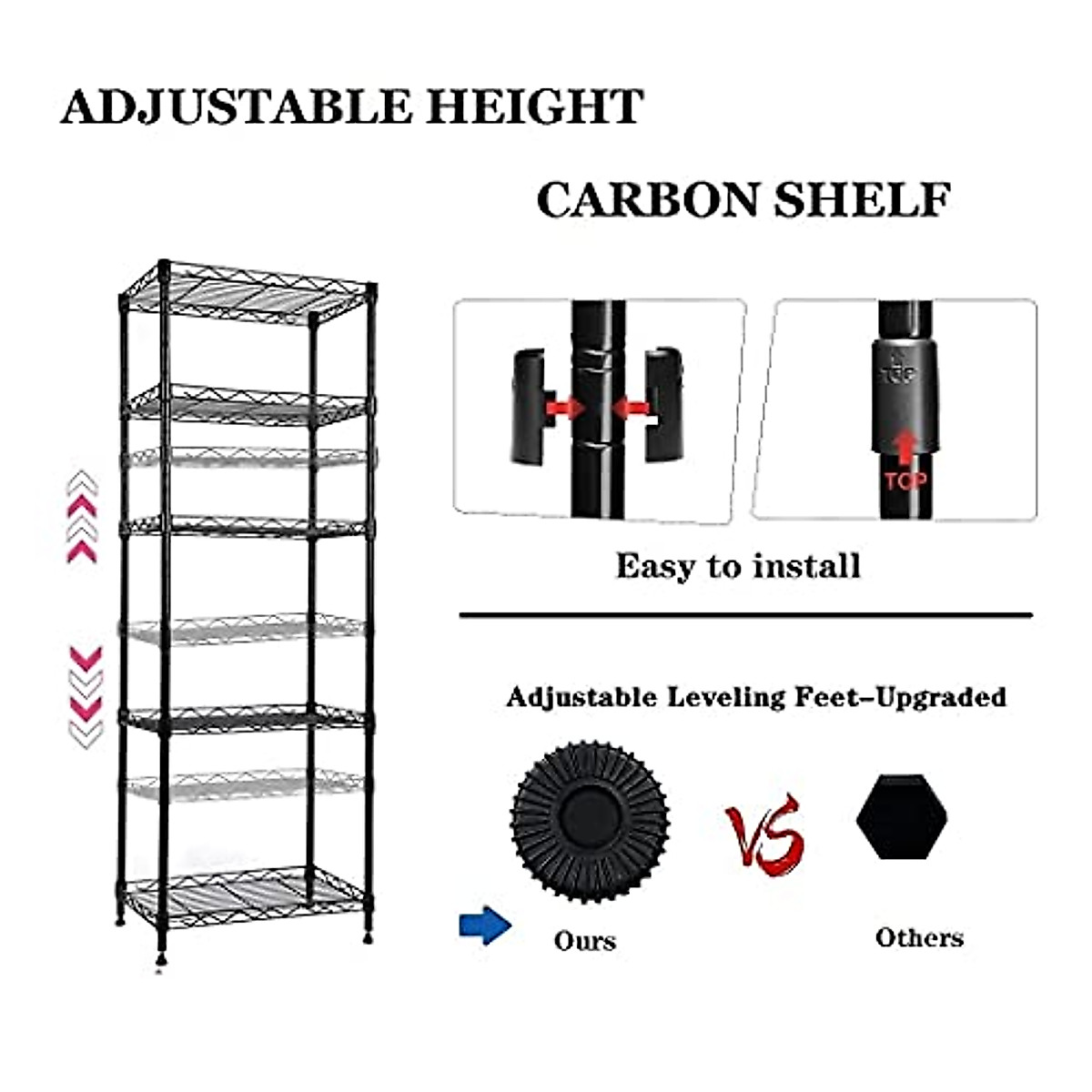 vkahaak 5 Tier Adjustable Wire Shelving Unit, 22" x 12" x 60" Metal Storage Rack with 4 Hooks, Steel Utility Storage Shelf Organization for Kitchen/Garage/Bathroom/Pantry/Closet, Black