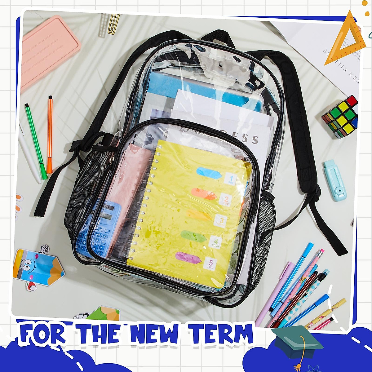 6 Pcs Clear Backpack for Stadium Approved Heavy Duty Clear Bookbags Rugby Game Transparent See Through Backpacks for Stadium Waterproof Concert Sports Work School Security