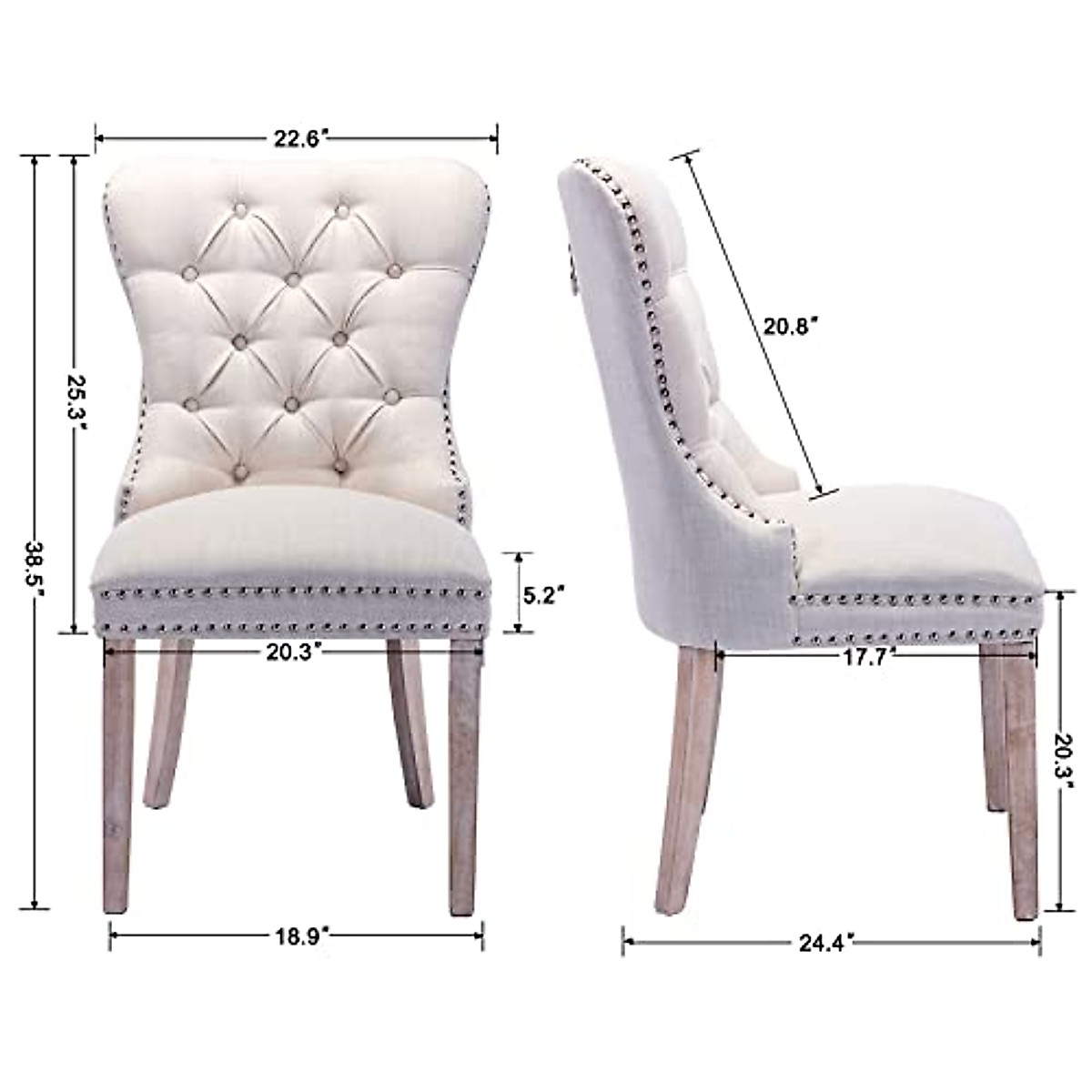 Kmax Linen Elegant Upholstered Dining Chairs, Fabric Armless Accent Chair with Ring Pull Solid Wood Legs, Set of 2 - Beige