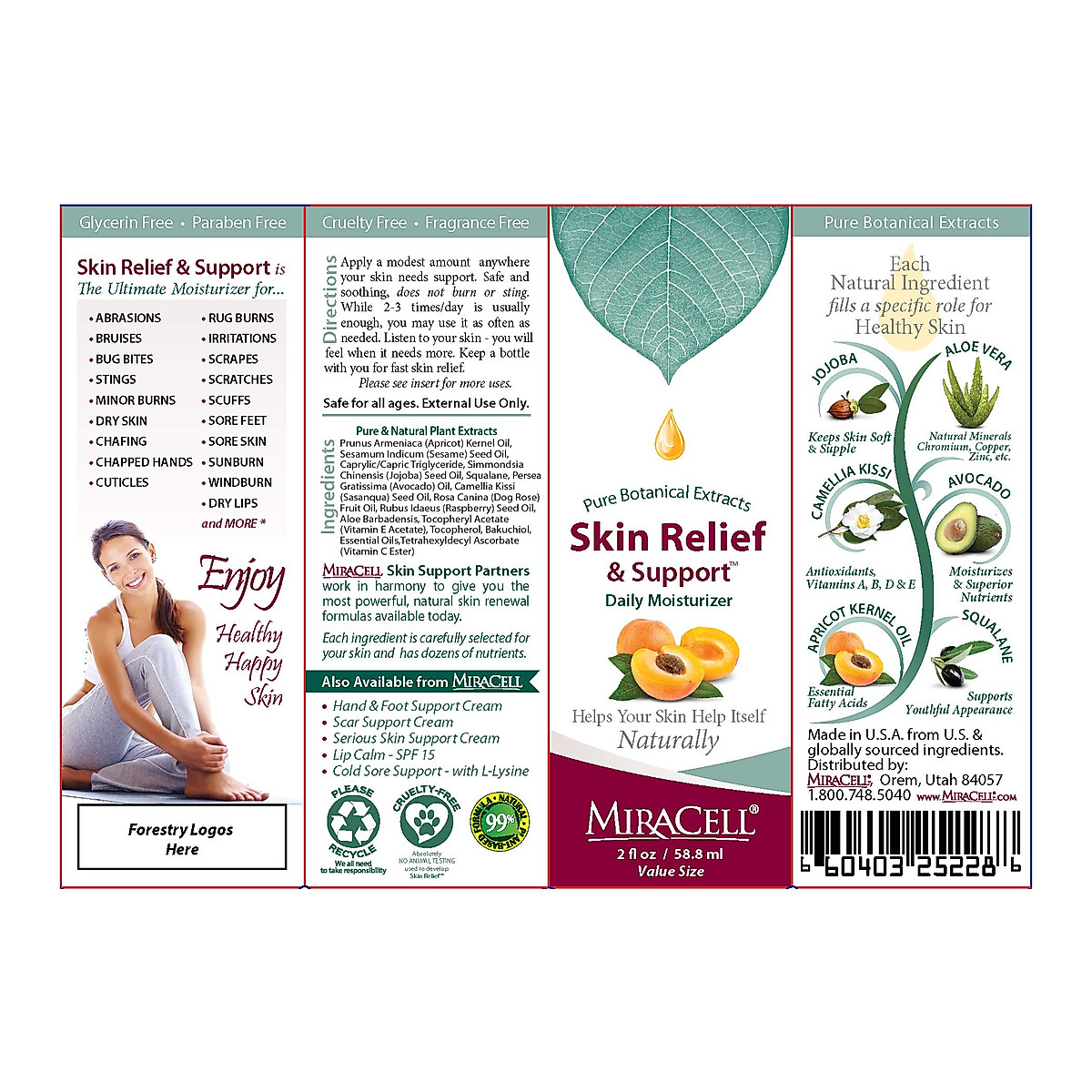 Miracell Skin Relief and Support, Apricot Kernel Oil, Coconut Oil, Sesame Oil Jojoba Oil, Avocado Oil, Camellia oil, Rosehip oil Vitamin E, Serum 2 oz