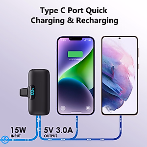 [2 Pack]Mini Portable Charger 5000mAh,Ultra-Compact 15W PD Fast Charging Power Bank,LCD Display Cute Battery Pack Backup Charger Compatible with iPhone 14/14 Pro Max/13/13 Pro/12/XR/8/7/6-Black+White