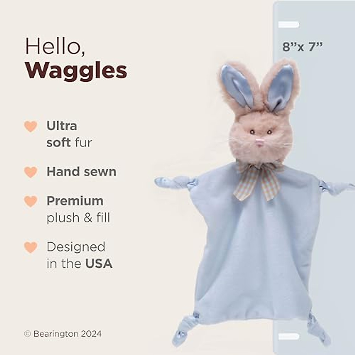 Bearington Baby Wee Waggles, 8 x 7 Inch Small Bunny Tail Stuffed Animal Baby Boy Lovey, Baby Security Blanket