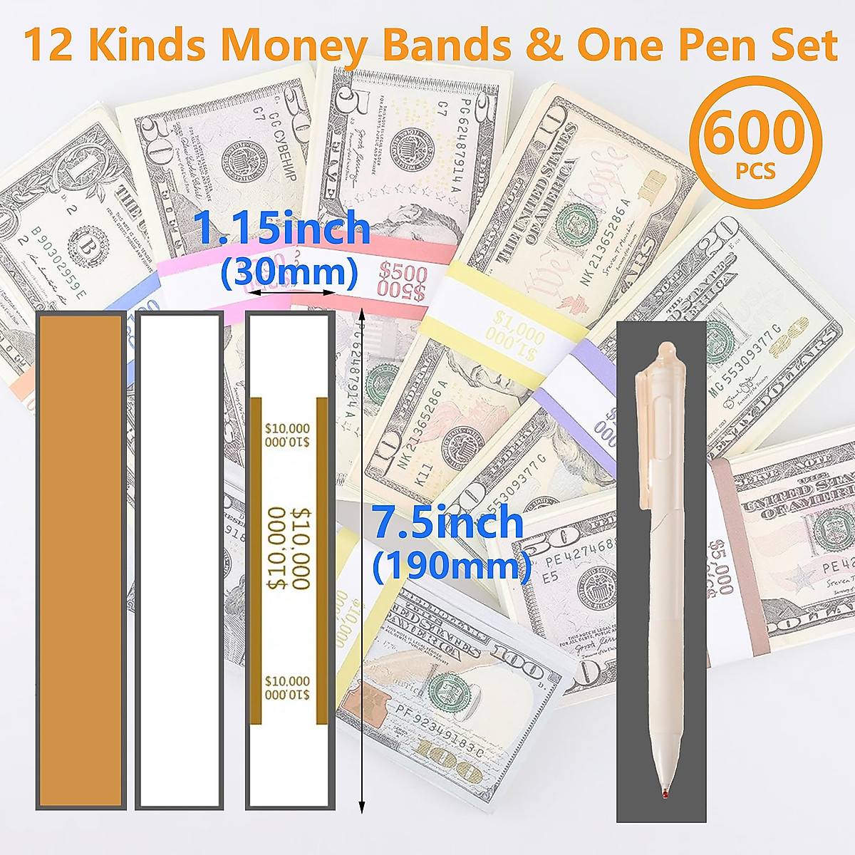 Money Bands for Cash 600-PCS Self Adhesive Wrappers for Bills, Currency Sleeves for Prop Money with One White Pen(50 of Each-600 Assorted)