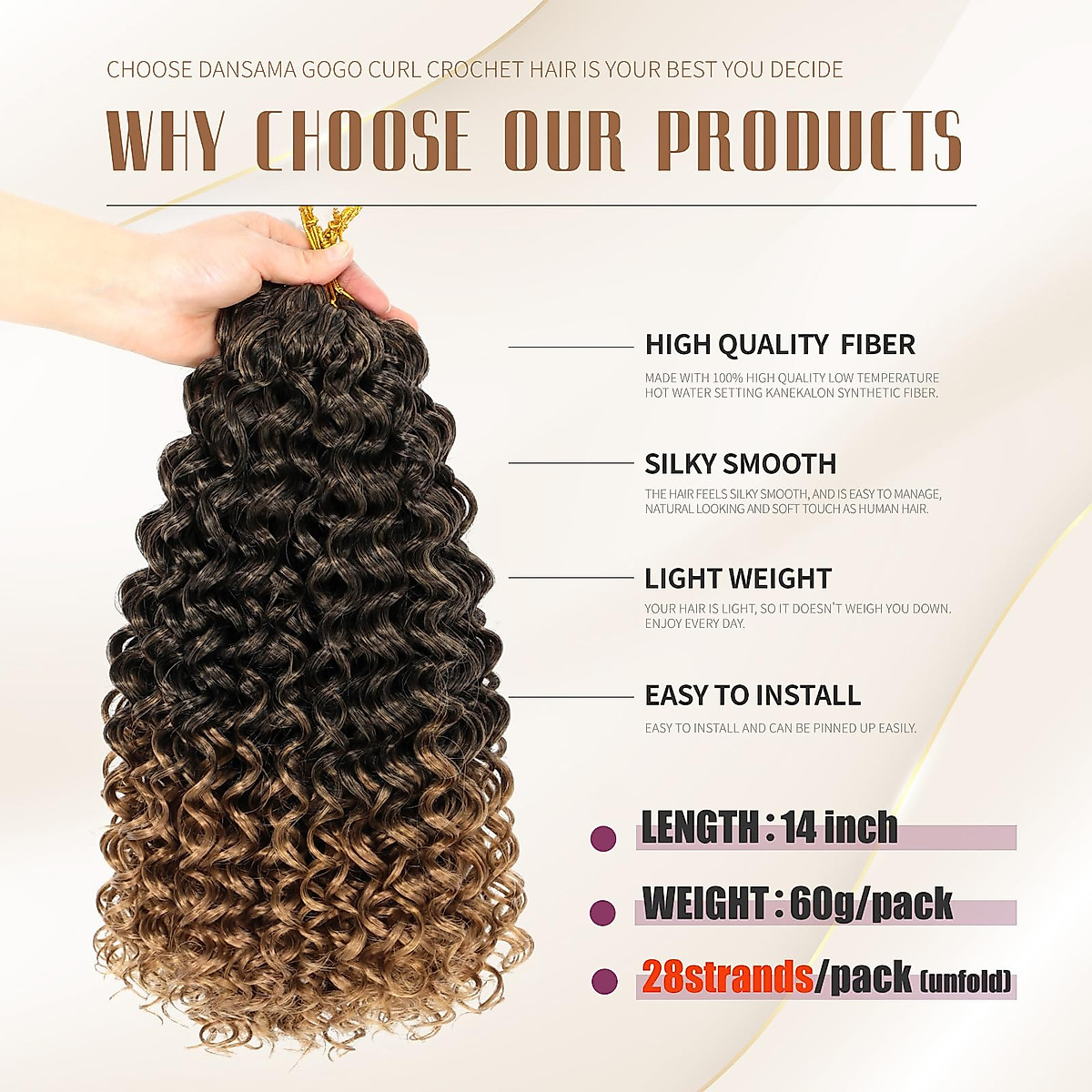 Dansama GoGo Curl Crochet Hair 14 Inch 28 strands Curly Crochet Hair, Ocean Wave Crochet Hair Water Wave Synthetic Braiding Hair Extensions for Black Women (14 inch (Pack of 6), T1B/27)