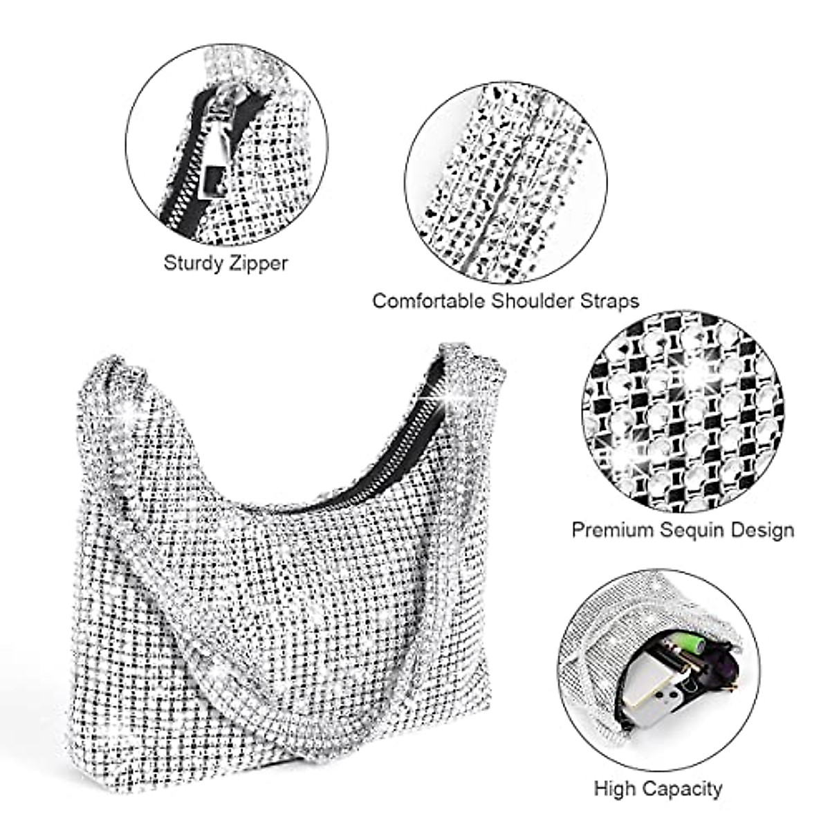 OSDUE Rhinestones Evening Bag, Full Rhinestone Bucket Bag, Glitter Evening Bag, Crystal Zipper Shoulder Bag for Wedding, Party, Club, Prom, Casual Date (Silver)