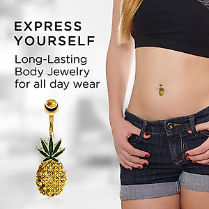 Pierce2GO Gold Pineapple & Weed Marijuana Belly Button Ring - 14G Surgical Steel Pineapple Belly Button Ring - Belly Button Rings Piercing for Women – 7/16”