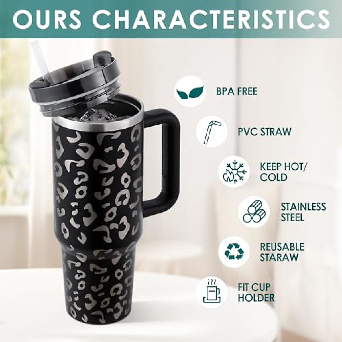 PIMDIR Black 40oz Leopard Tumbler With Handle Straw Lid, Insulated Stainless Steel Travel Cup iced Coffee Mug Keep Cold, Birthday Gifts For Women Men Lovers, Car Cup Holder Friendly